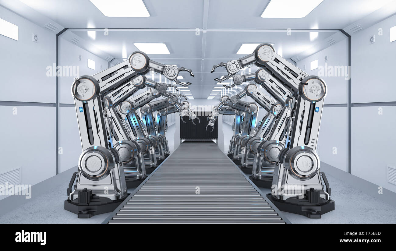 Automation factory concept with 3d rendering robot assembly line with empty conveyor belt Stock ...