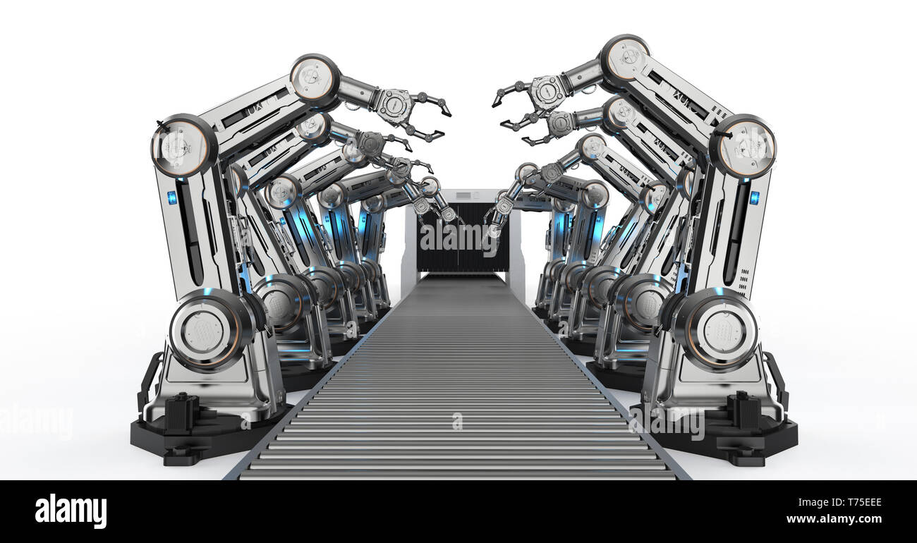 Automation factory concept with 3d rendering robot assembly line with empty conveyor belt Stock ...