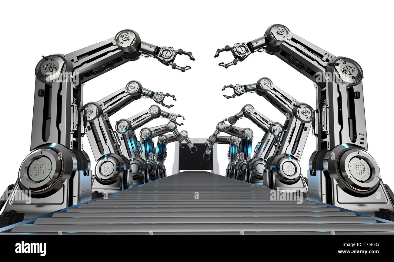 Automation factory concept with 3d rendering robot assembly line with ...