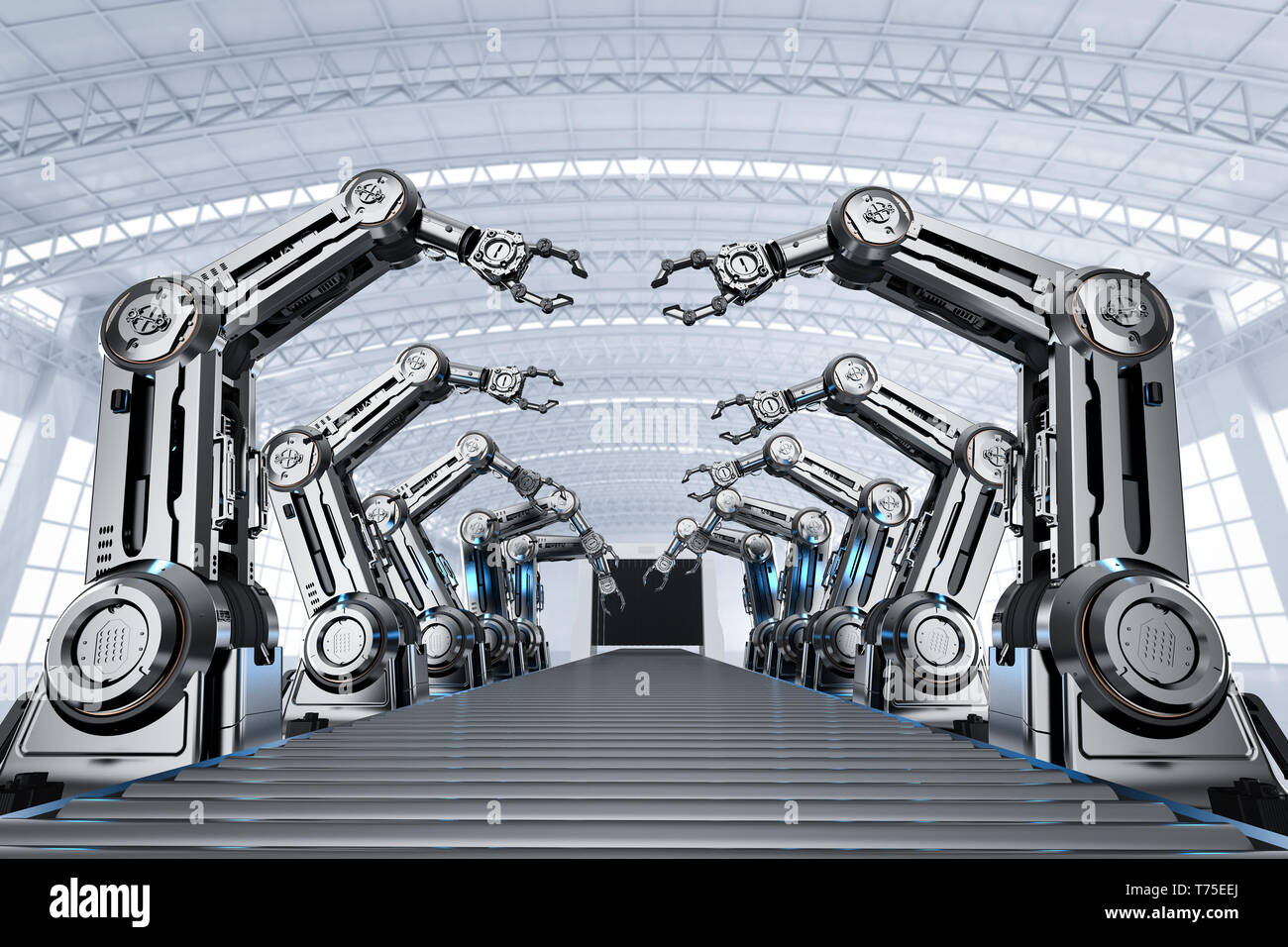 Automation factory concept with 3d rendering robot assembly line with empty conveyor belt Stock ...