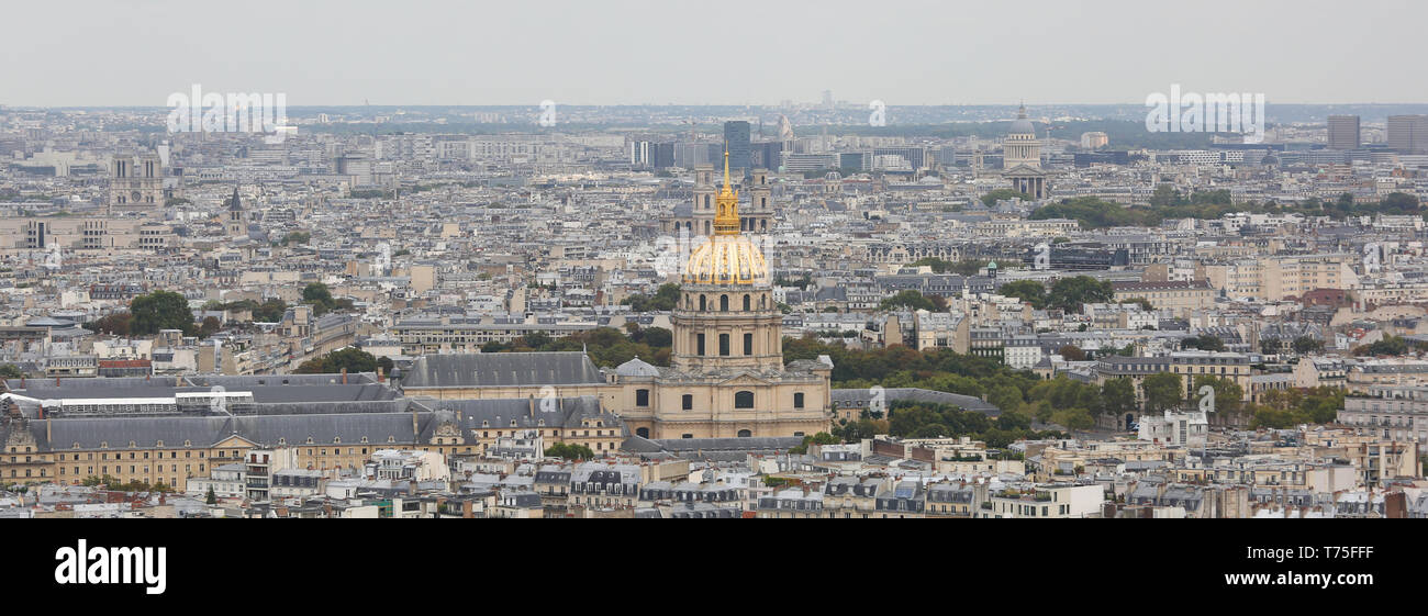 Panoramic View of Paris in France and the golden dome of Les Invalides ...