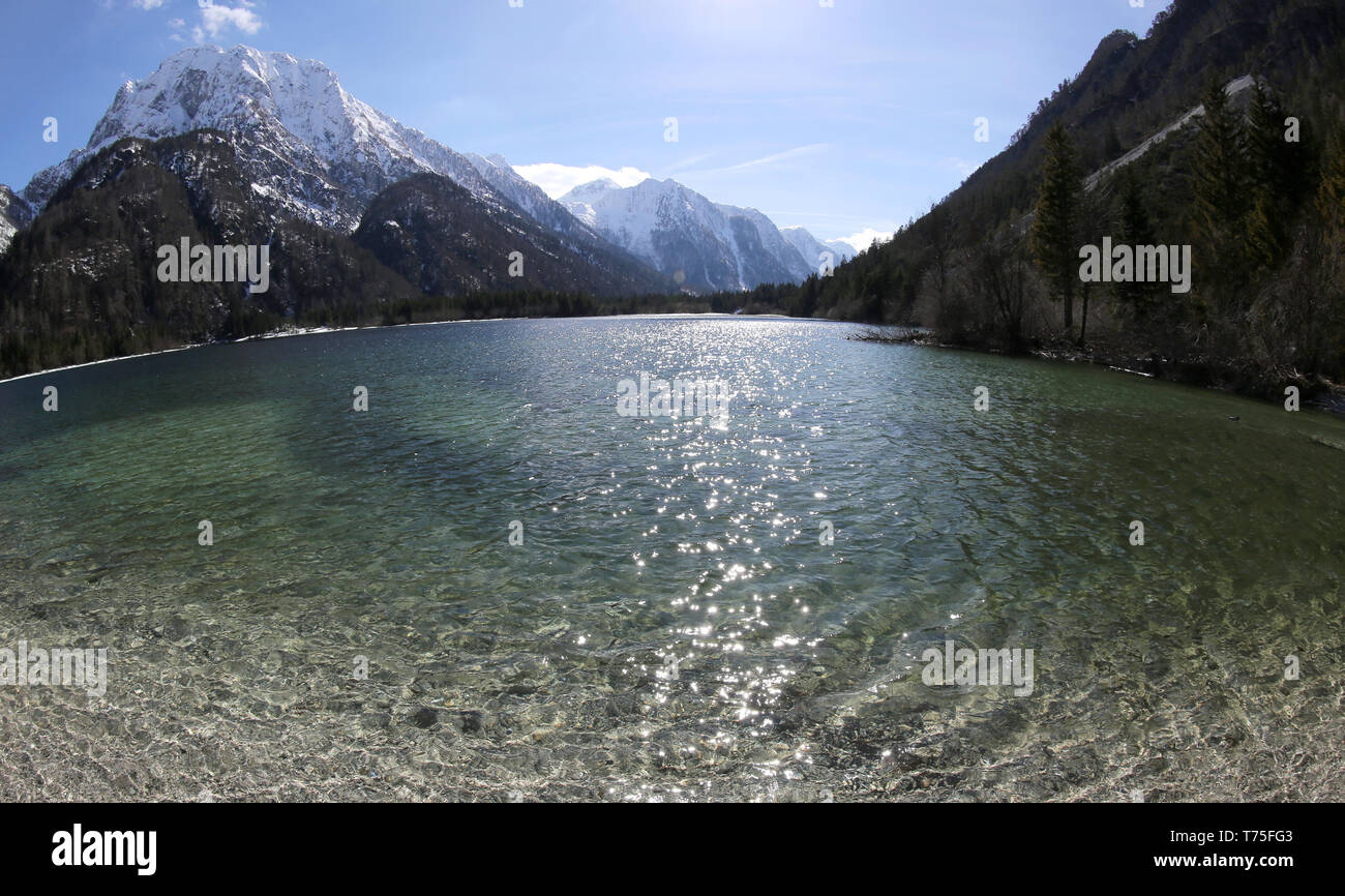 lake of Predil in Northen Italy by fisheye lens near Tarvisio town ...