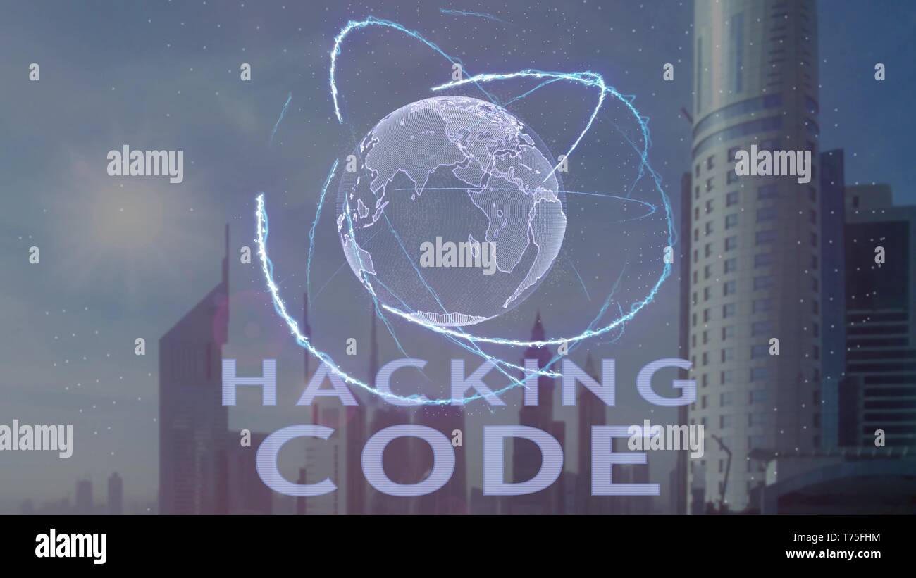 Hacking code text with 3d hologram of the planet Earth against the ...