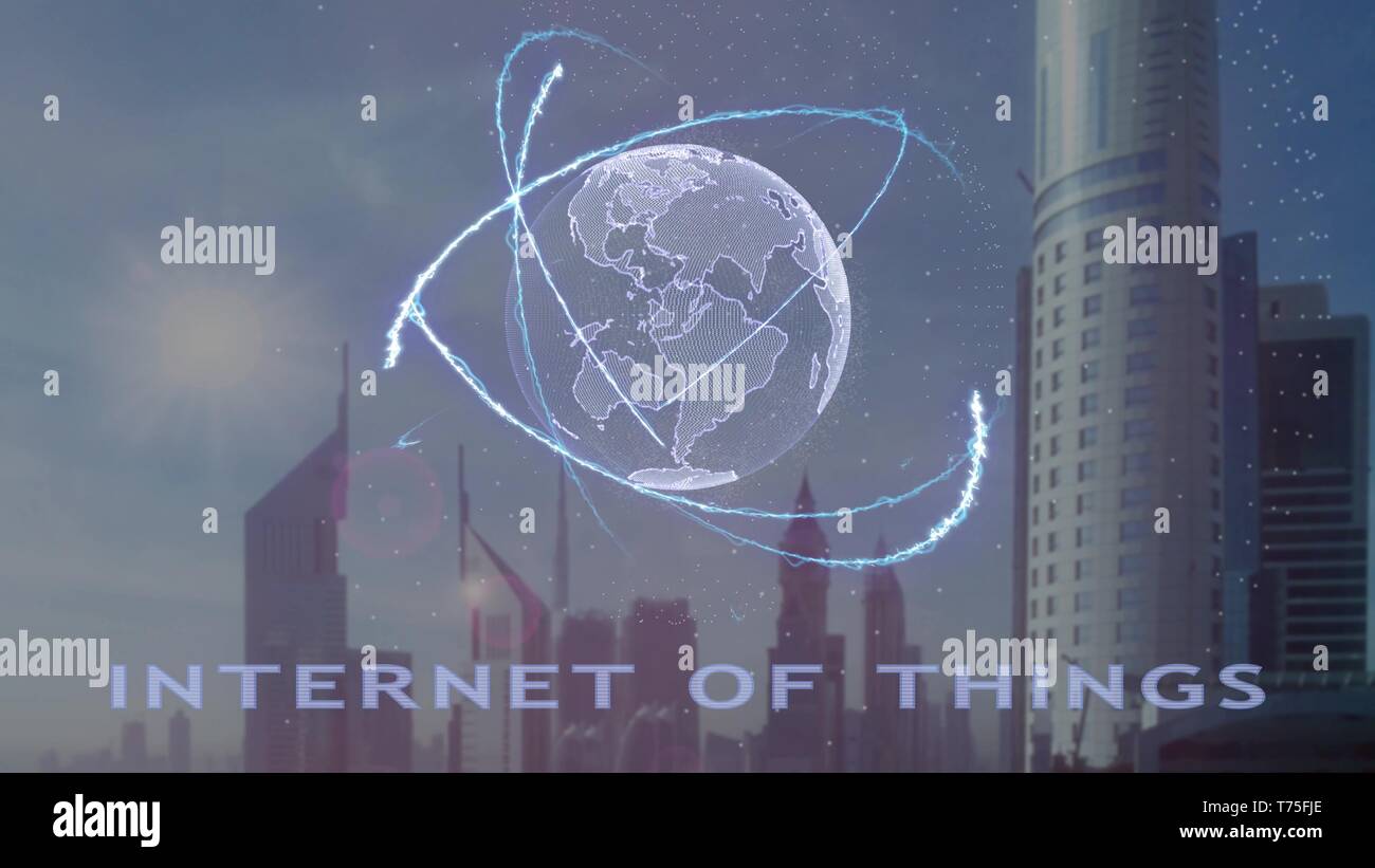 Internet of things text with 3d hologram of the planet Earth against ...