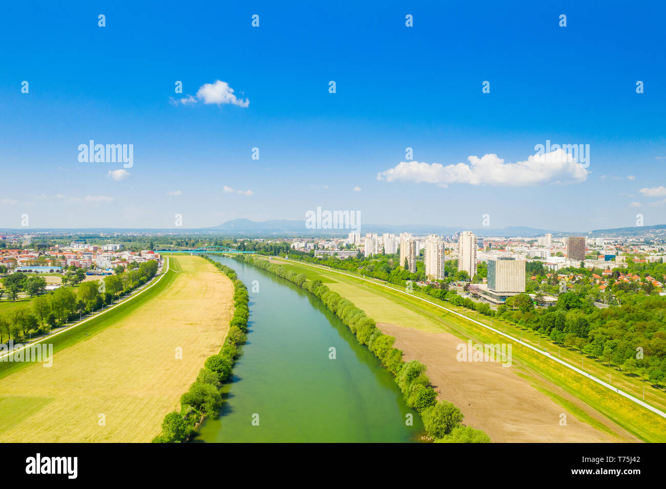 Zagreb, Croatia, Sava river from air, city skyline, green landscape ...