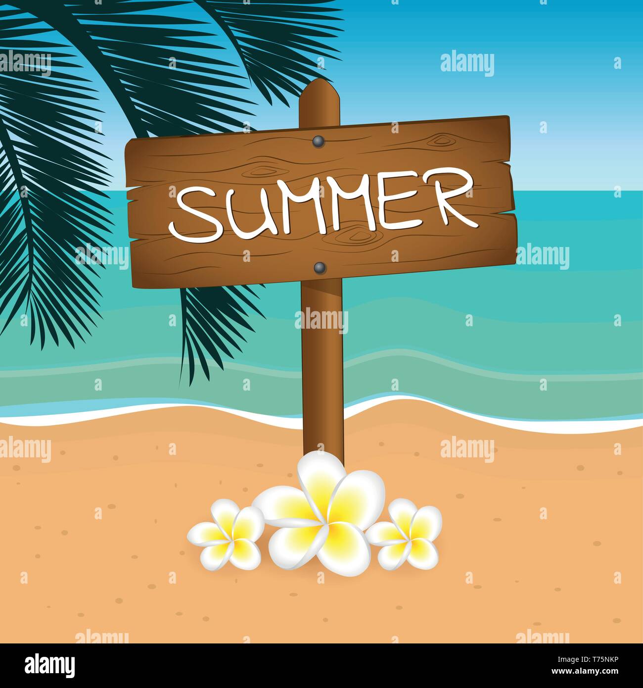 wooden sign summer holiday design on the beach with palm leaf vector ...