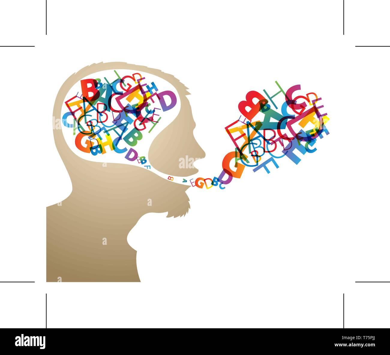 Abstract speaker silhouette with colorful letters in the head and mouth ...