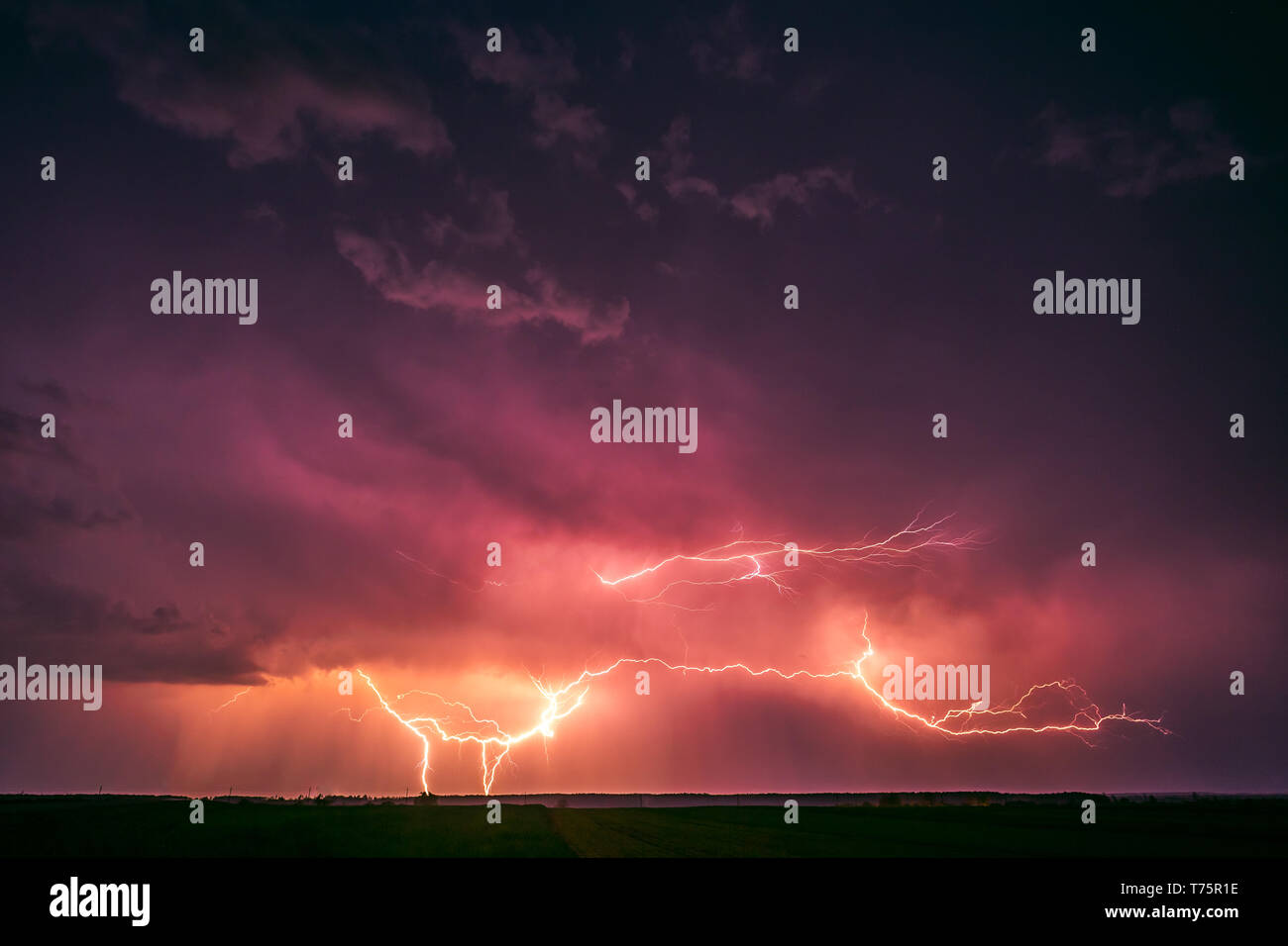 Lightning with dramatic clouds image . Night thunder-storm in Lithuania ...