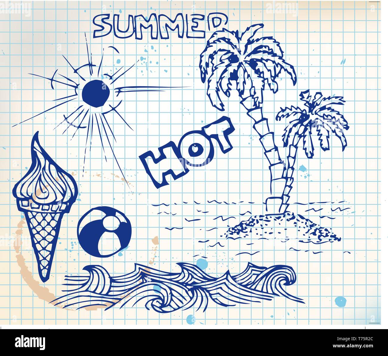 Summer doodle elements - sun, ocean, palm trees, ice cream, ball Stock ...