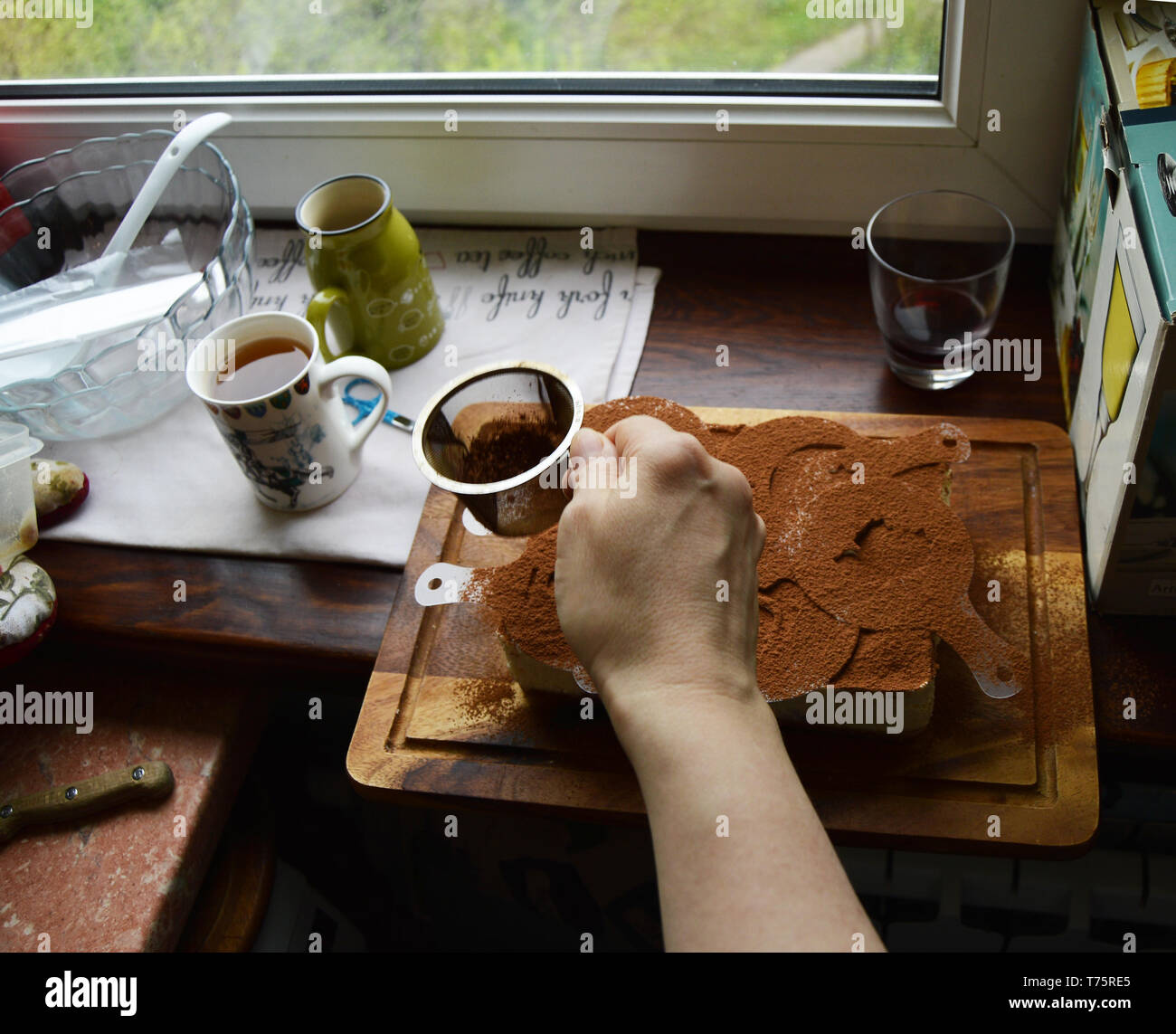 Making tiramisu, sprinkle cocoa powder female hand Stock Photo - Alamy