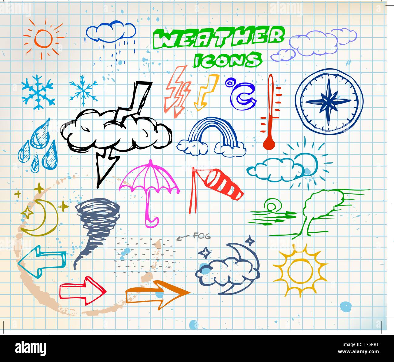 Set of colored grunge weather hand drawing icons on squared paper Stock ...