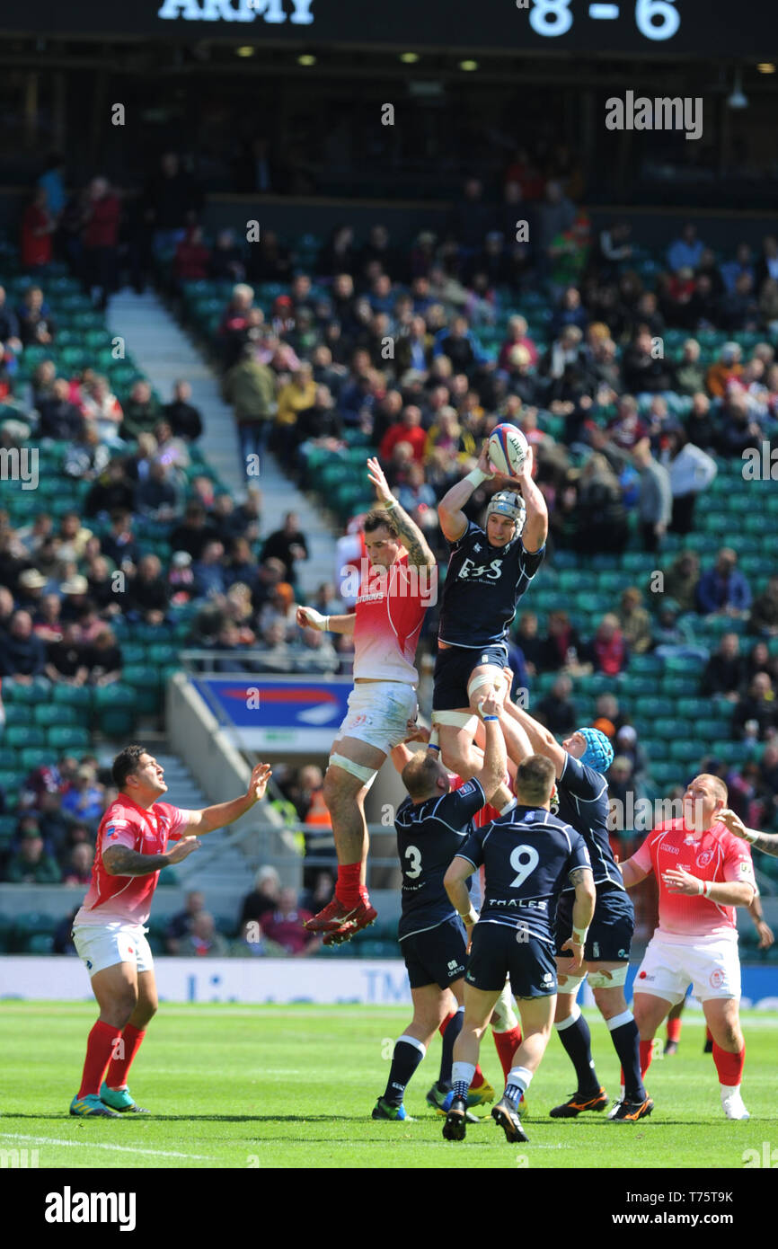 Jarrard Hayler (Royal Navy, Marine, No.8) catching the ball during a ...