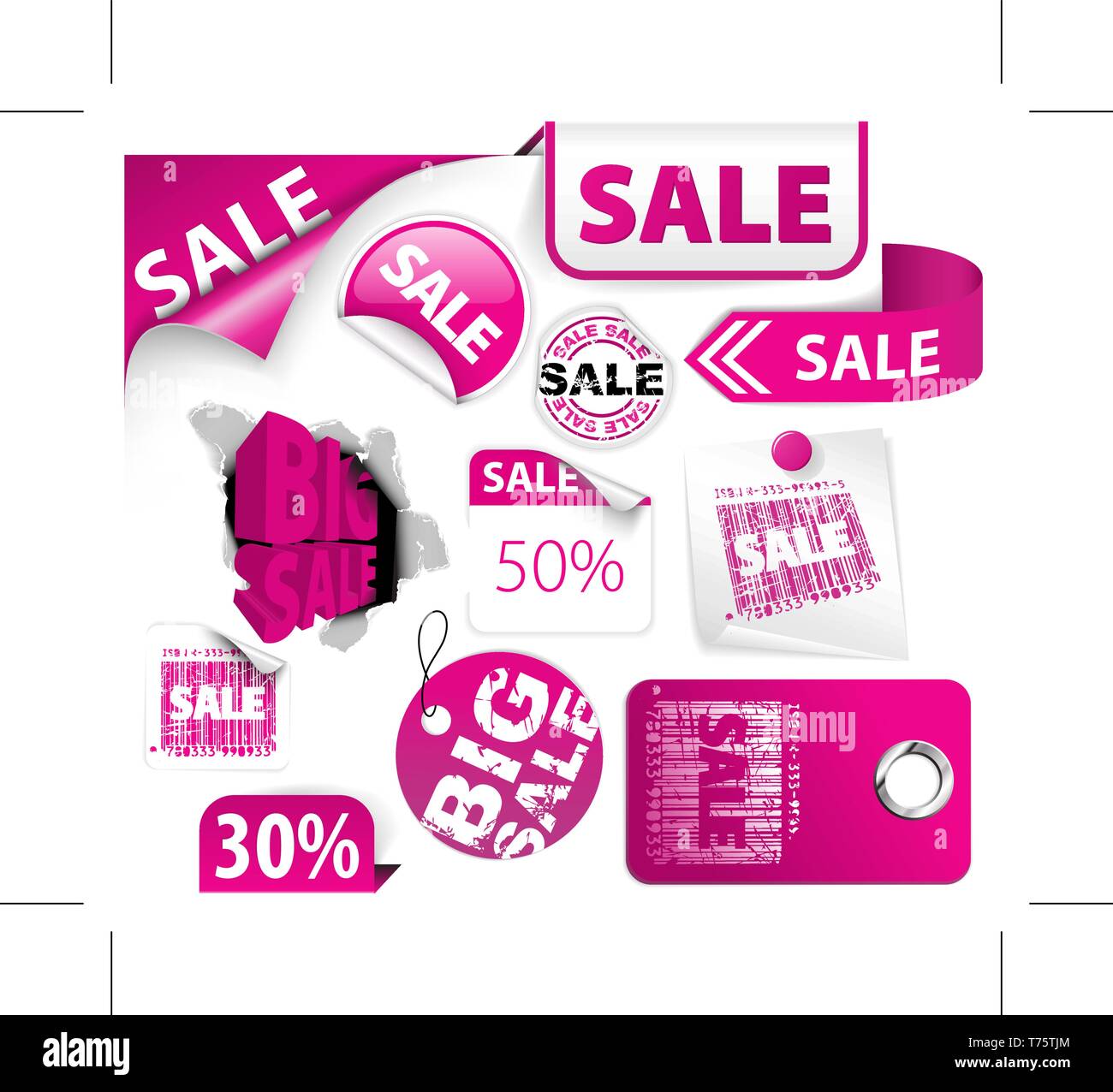 Set of pink discount tickets, labels, stamps, stickers, corners, tags ...