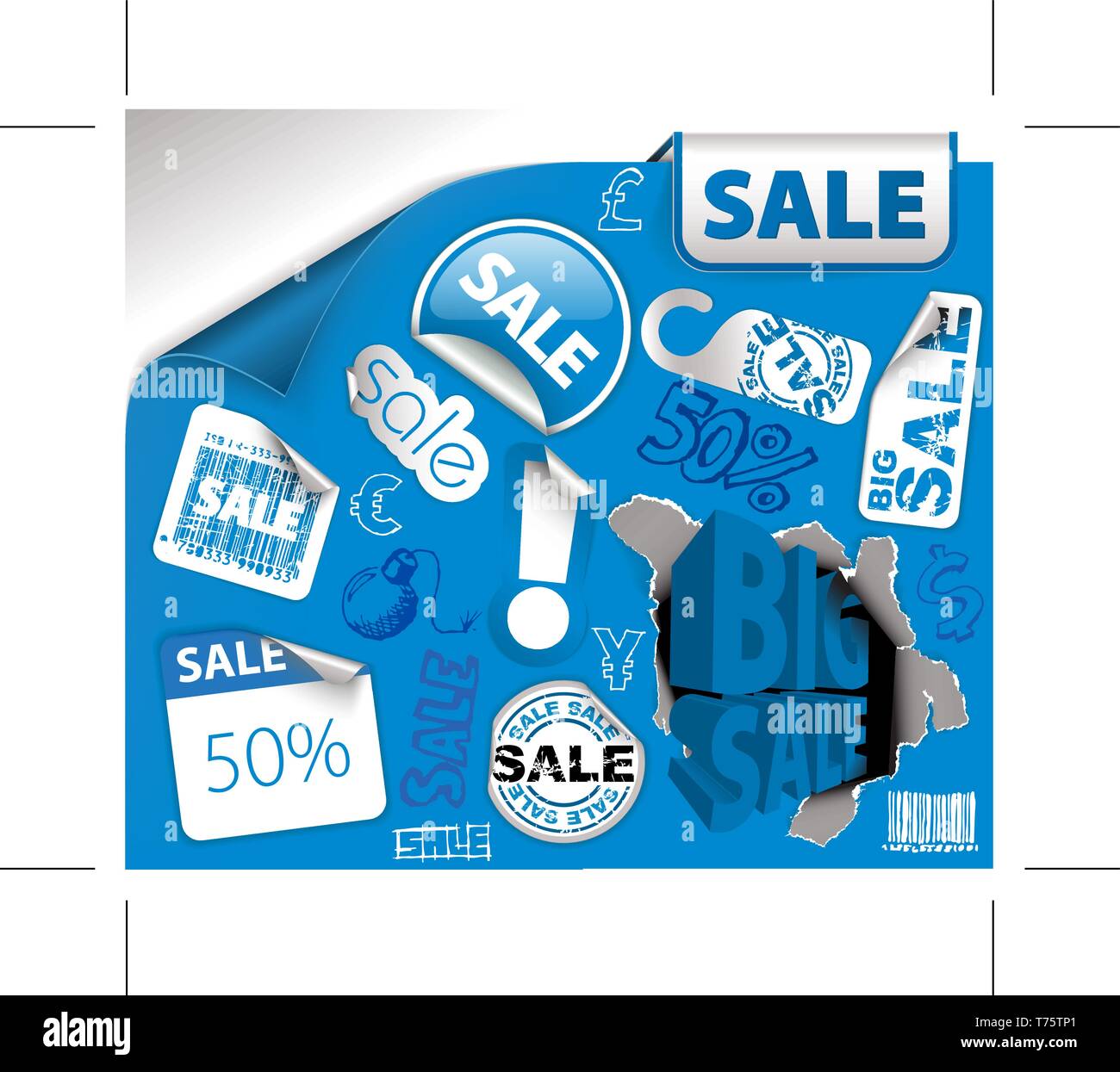 Set of blue discount tickets, labels, stamps, stickers, corners, tags ...