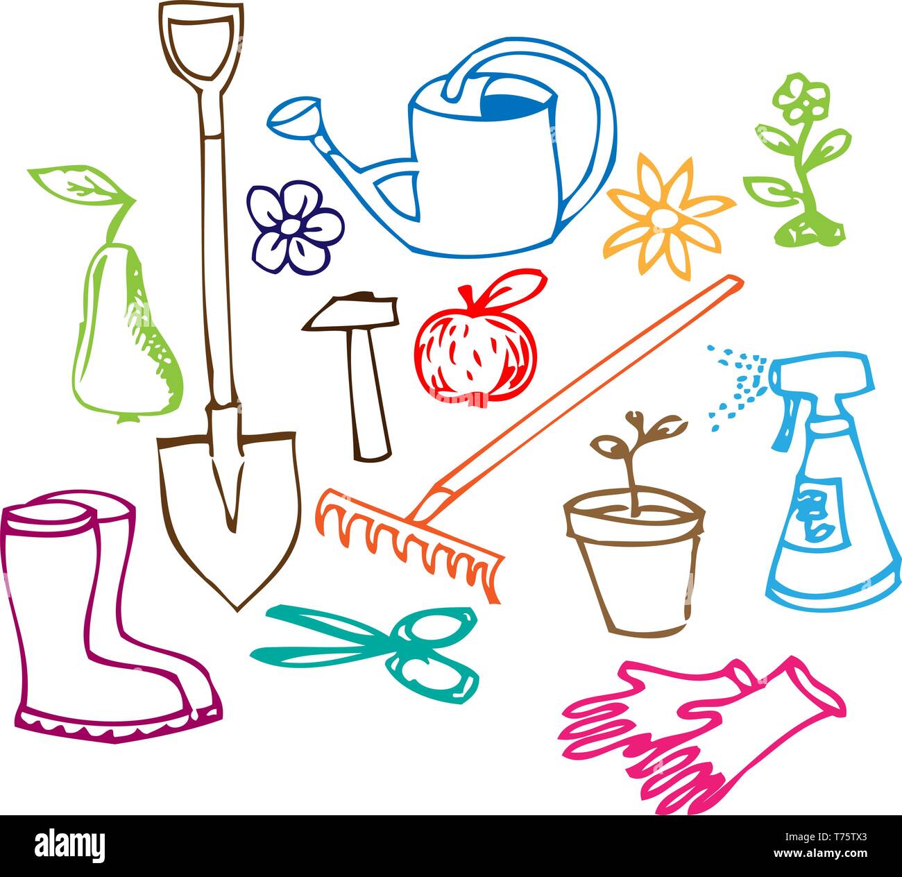 Colorful Garden doodle illustration collection on white background ...
