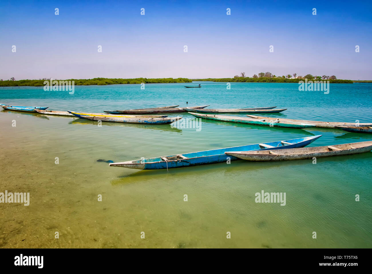 Wooden canoe on sea lagoon in Senegal in Africa. It is the Saloum ...