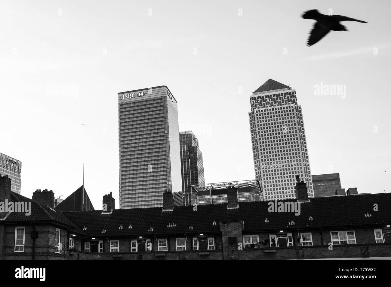 A Tower Hamlets estate is pictured with HSBC tower of Canary Wharf in ...