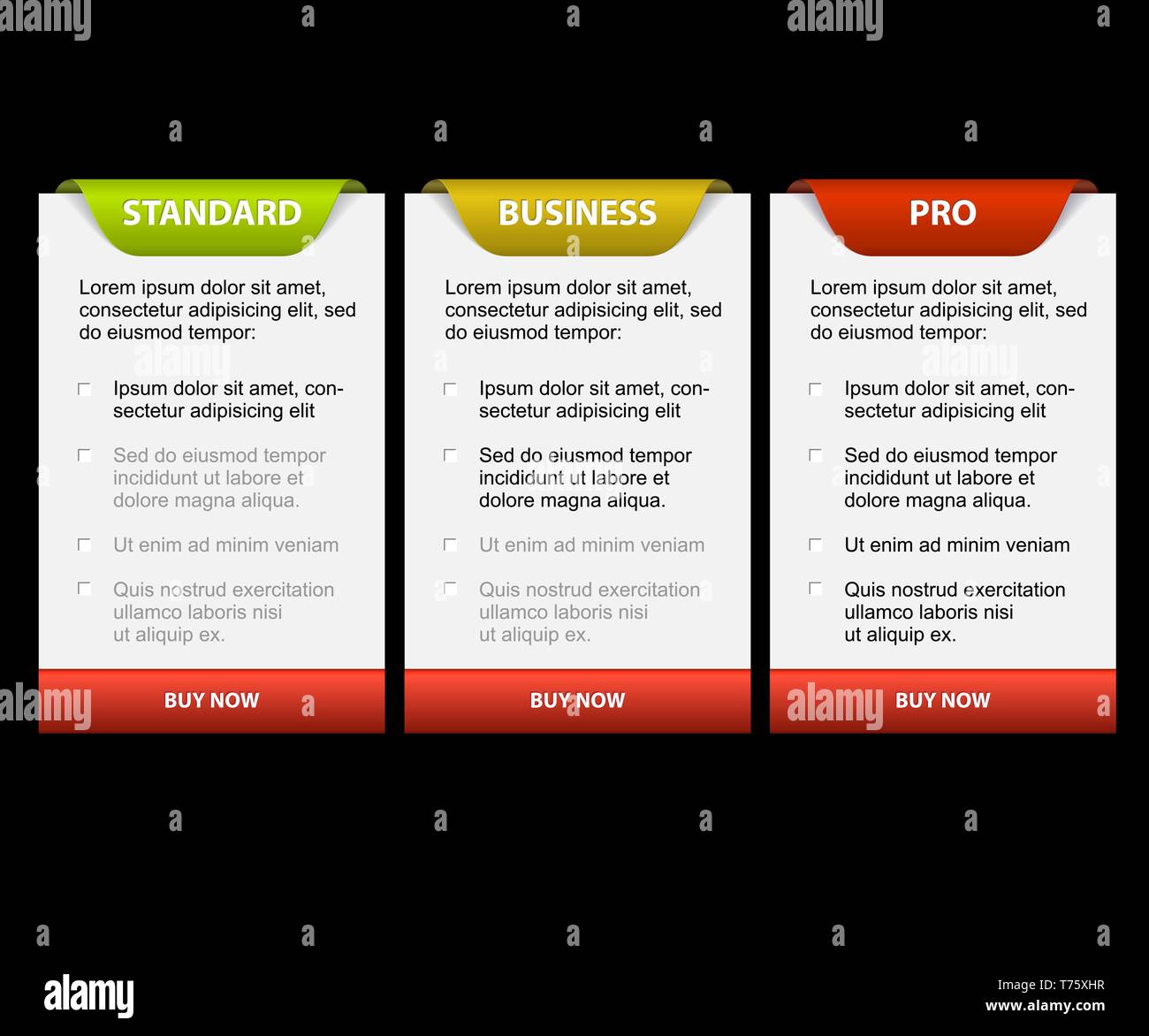 Vector Product versions comparison cards - with description Stock ...