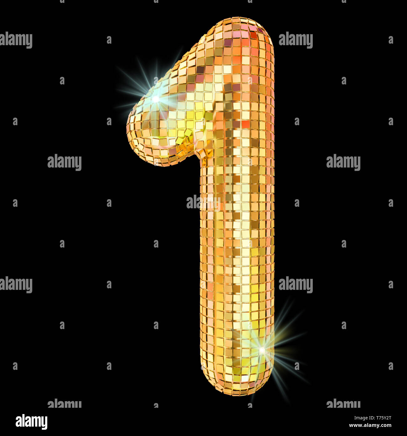 Disco font, number 1 from golden glitter mirror facets. 3D rendering ...