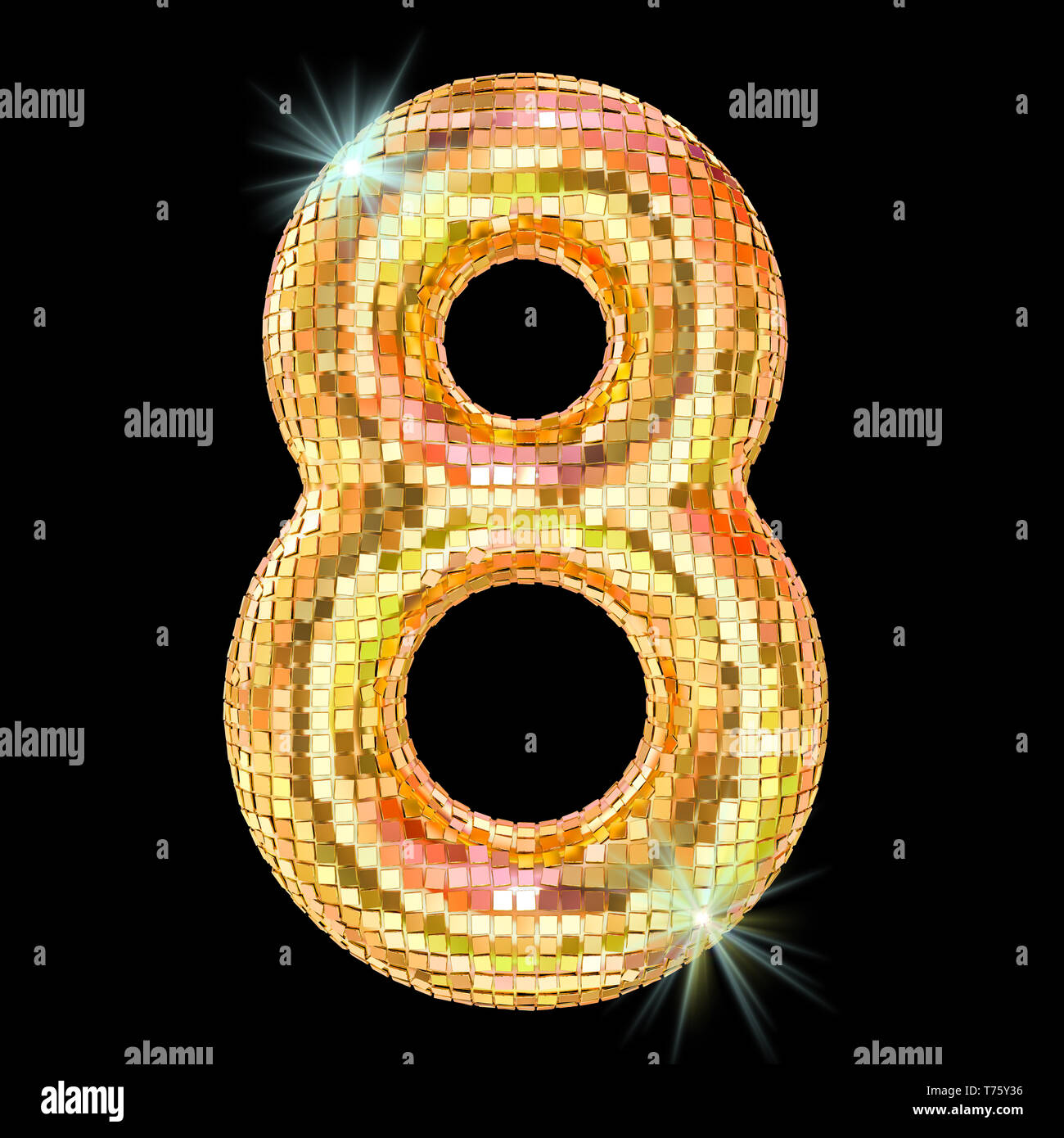 Disco font, number 8 from golden glitter mirror facets. 3D rendering ...