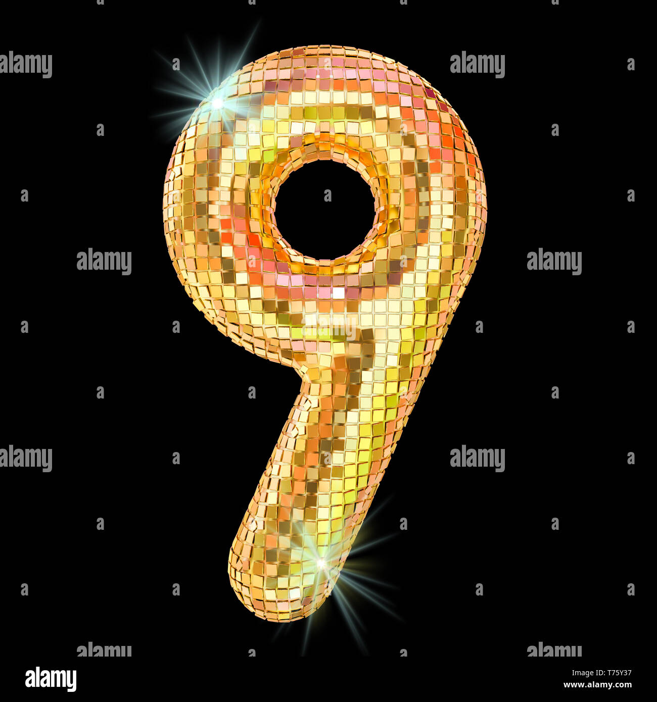 Disco font, number 9 from golden glitter mirror facets. 3D rendering ...
