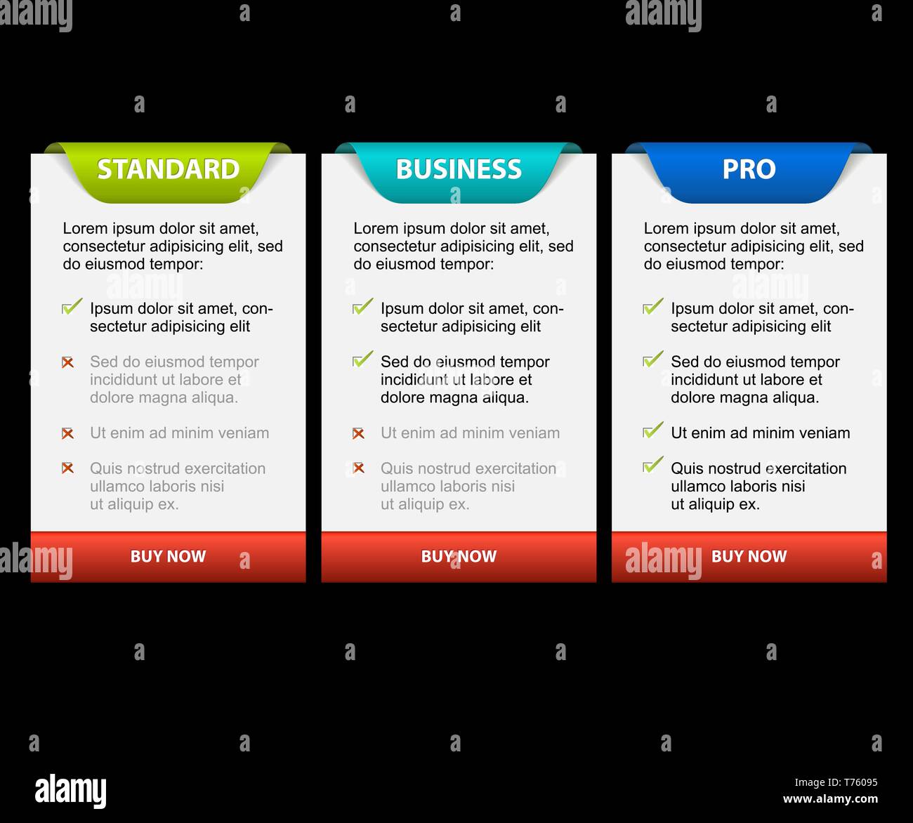 Vector Product versions comparison cards - with description Stock ...