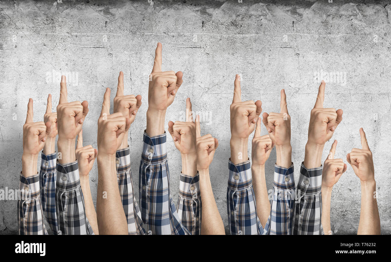 Row of man hands showing finger pointing gesture Stock Photo - Alamy