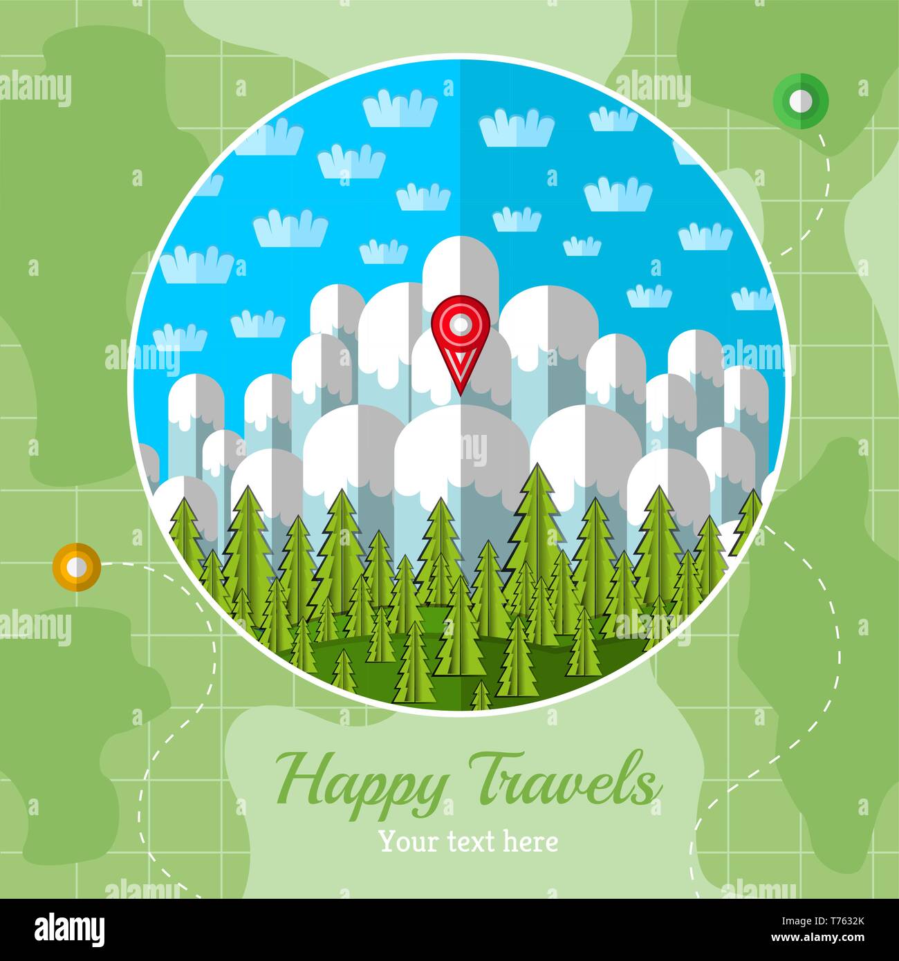 flat background vector map with circle frame with mountains forest and ...