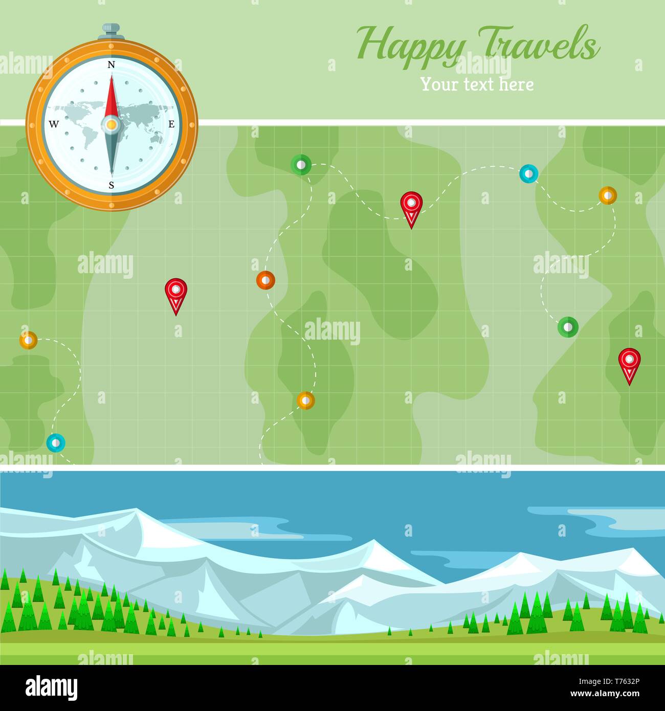 flat background vector map with mountains landscape and compass Stock ...