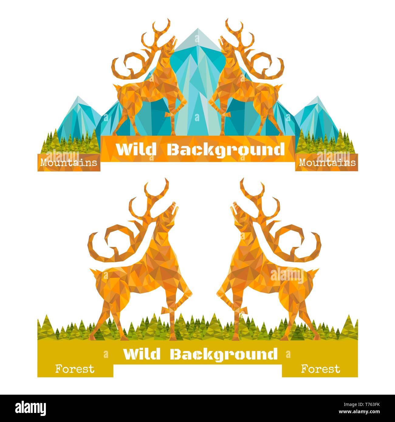 two banner crumpled paper background with deer opposing and forest and ...