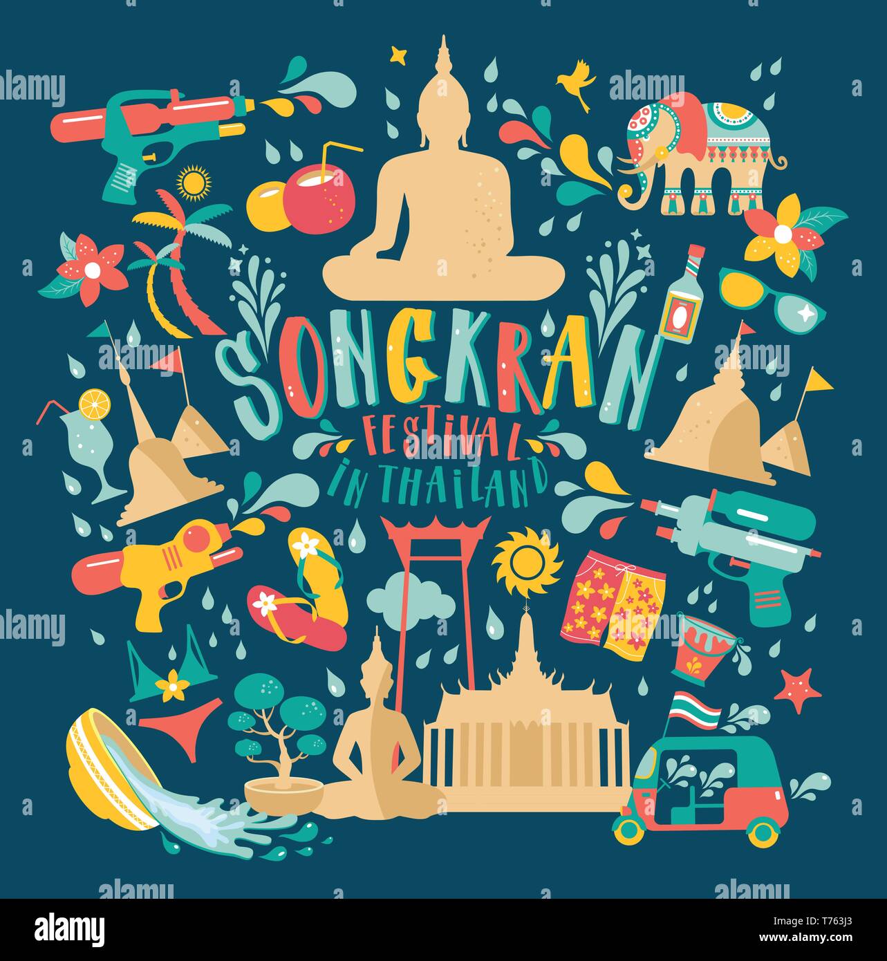 Songkran festival, Thailand New Year, Illustration of cute iconc ...