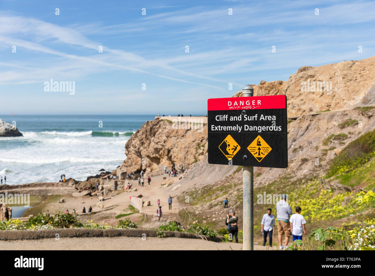 "Danger – Cliff and Surf Area Extremely Dangerous", warning sign by ...