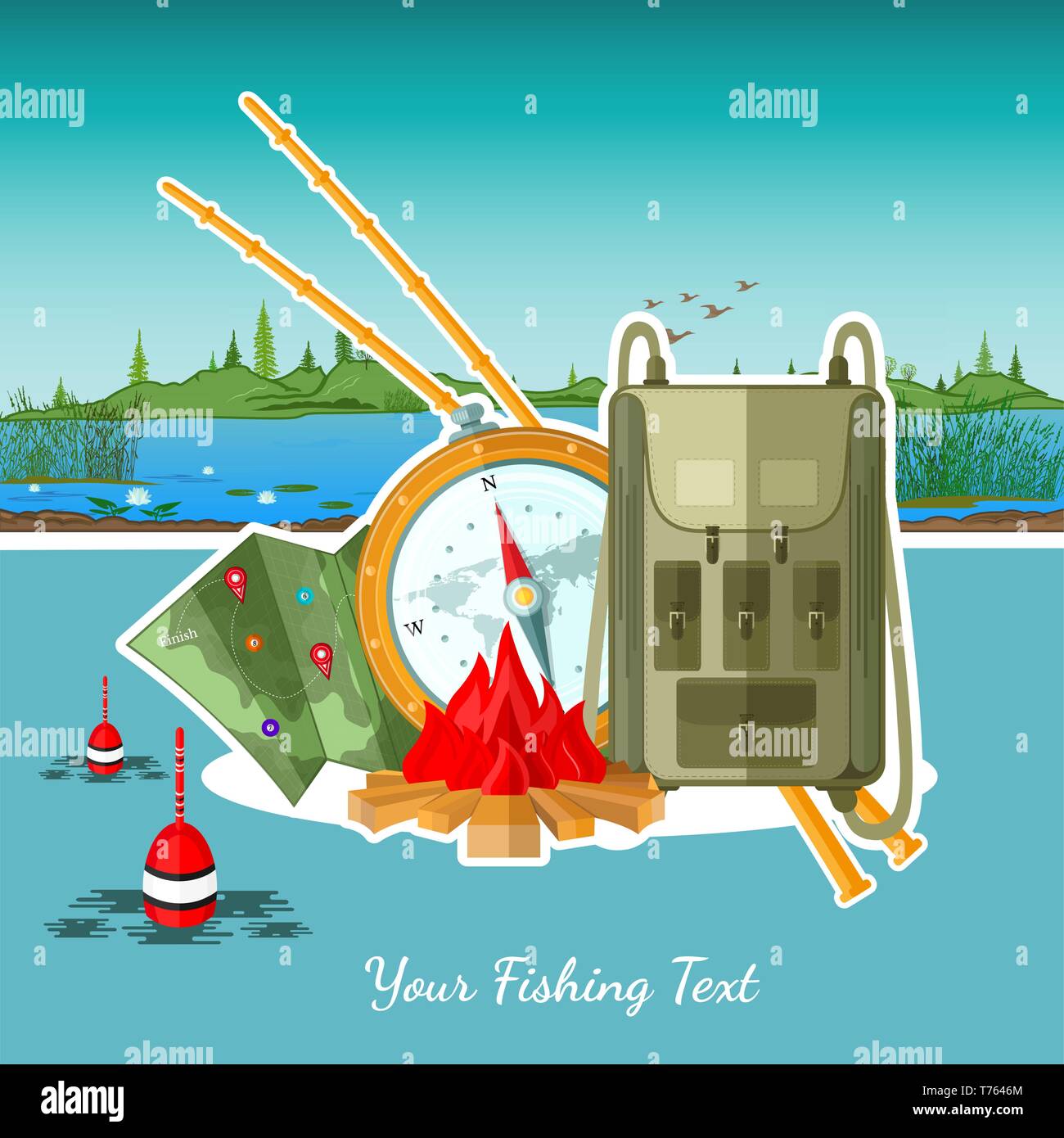 flat fishing background with fishing accessories on river landscape ...