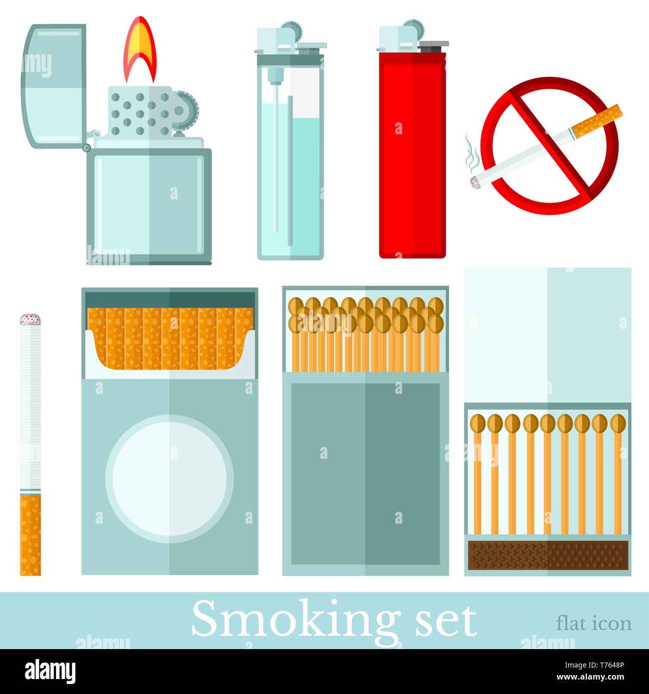 Set of smoking equipments flat icons on white. Cigarette, matches, pack ...