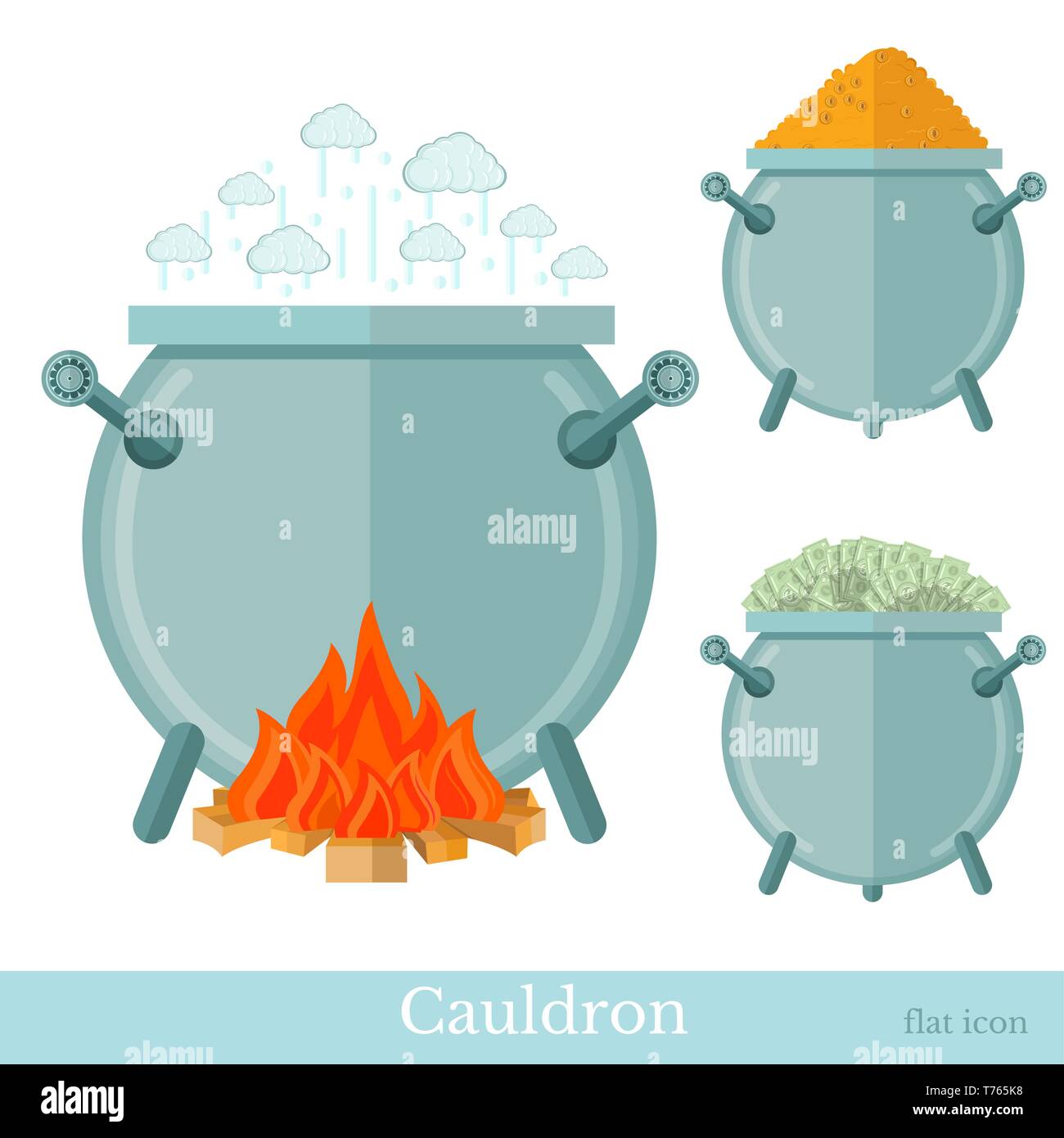 flat caldron with money coin bank note bonfire isolated on white Stock ...