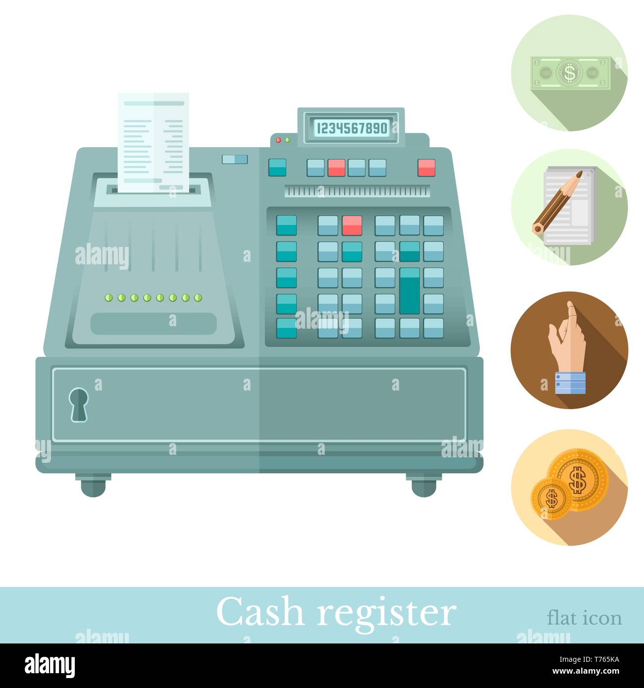 flat cash register with circle icons bank note hand pointer coin note ...