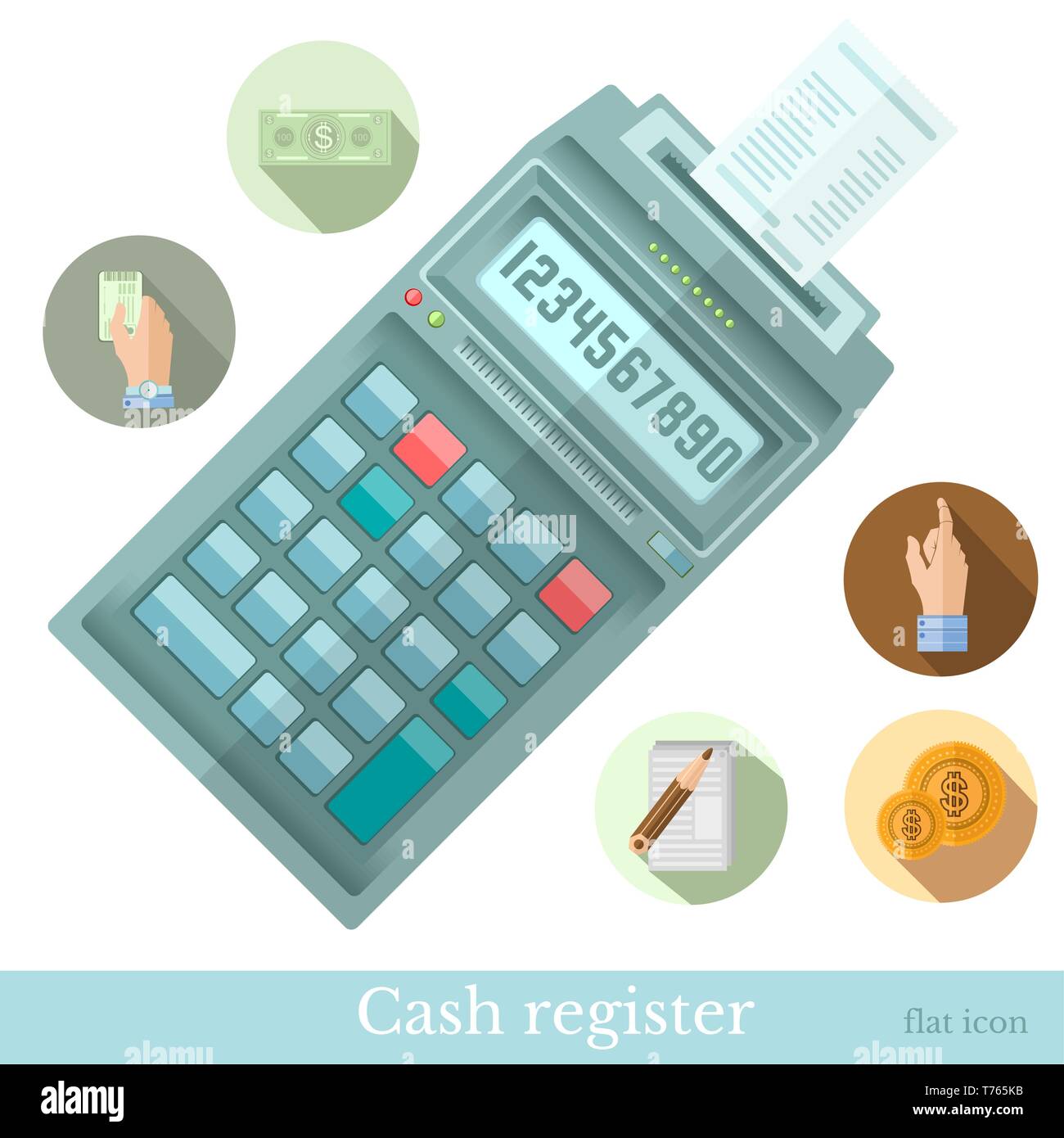 flat cash register with circle icons bank note hand pointer coin note ...