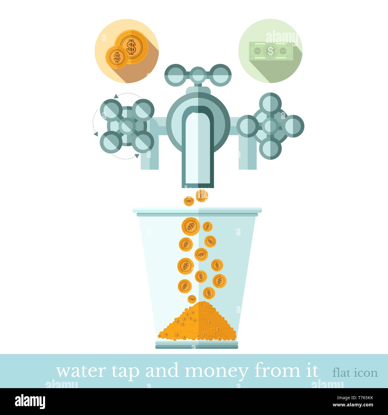 flat concept business icon gold coins flows from the water tap to glass ...