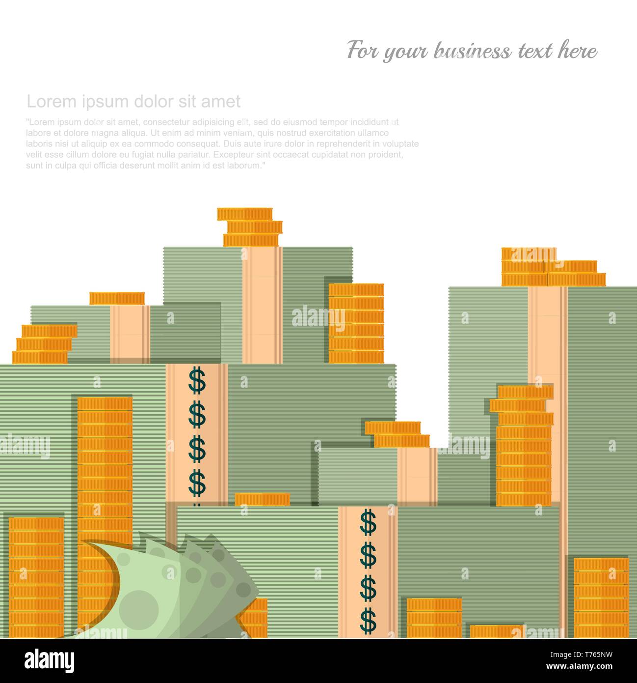 flat finance background with pile of money and coins on white Stock ...