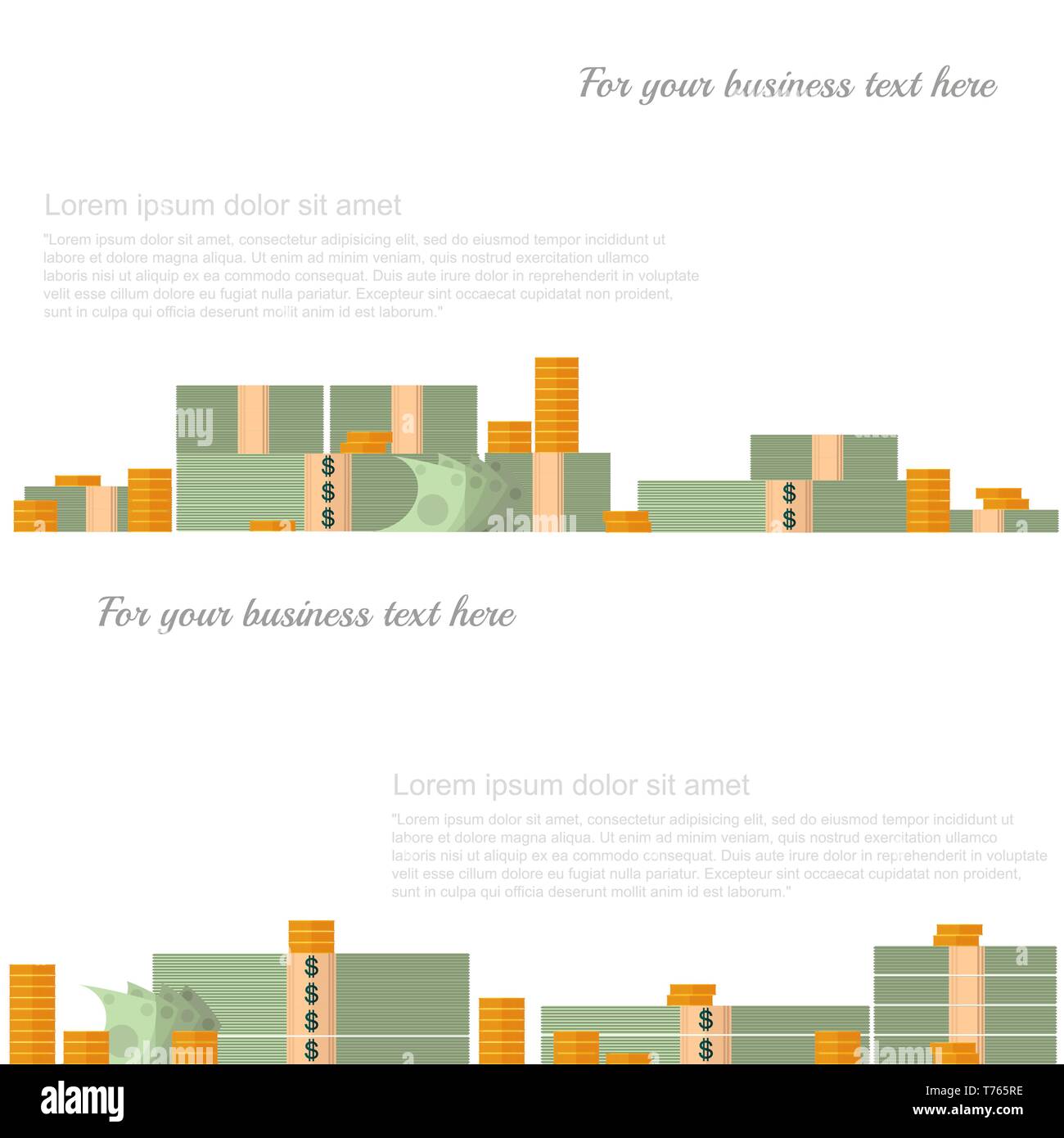 two flat horizontal finance background with pile of money and coins ...