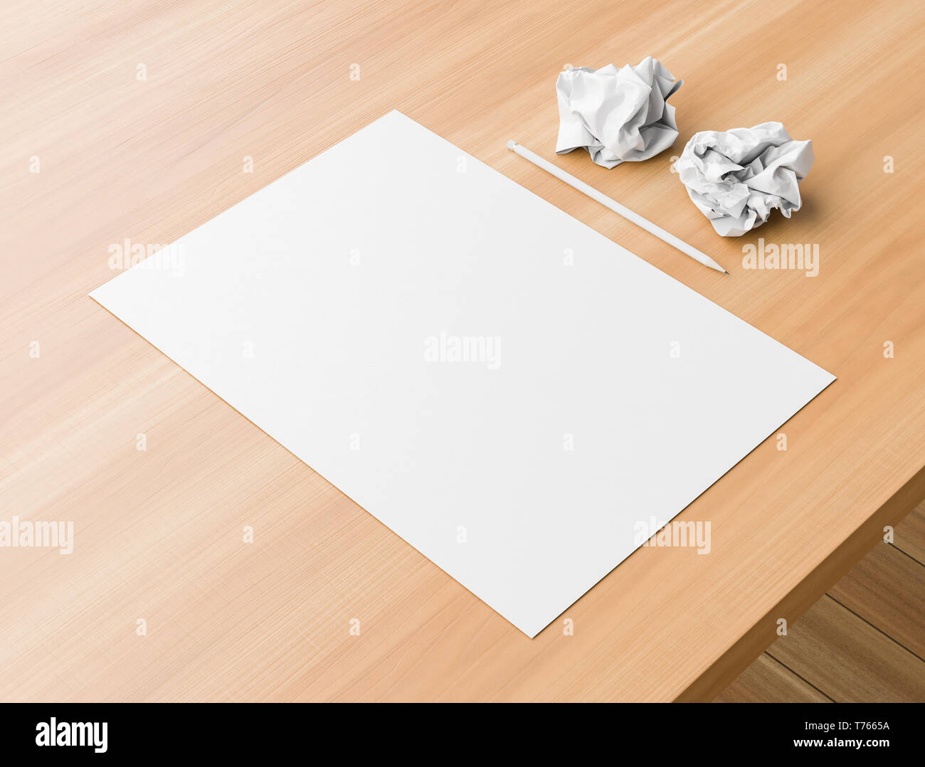 A4 format paper mock up with two crumpled papers on wooden table. 3D ...