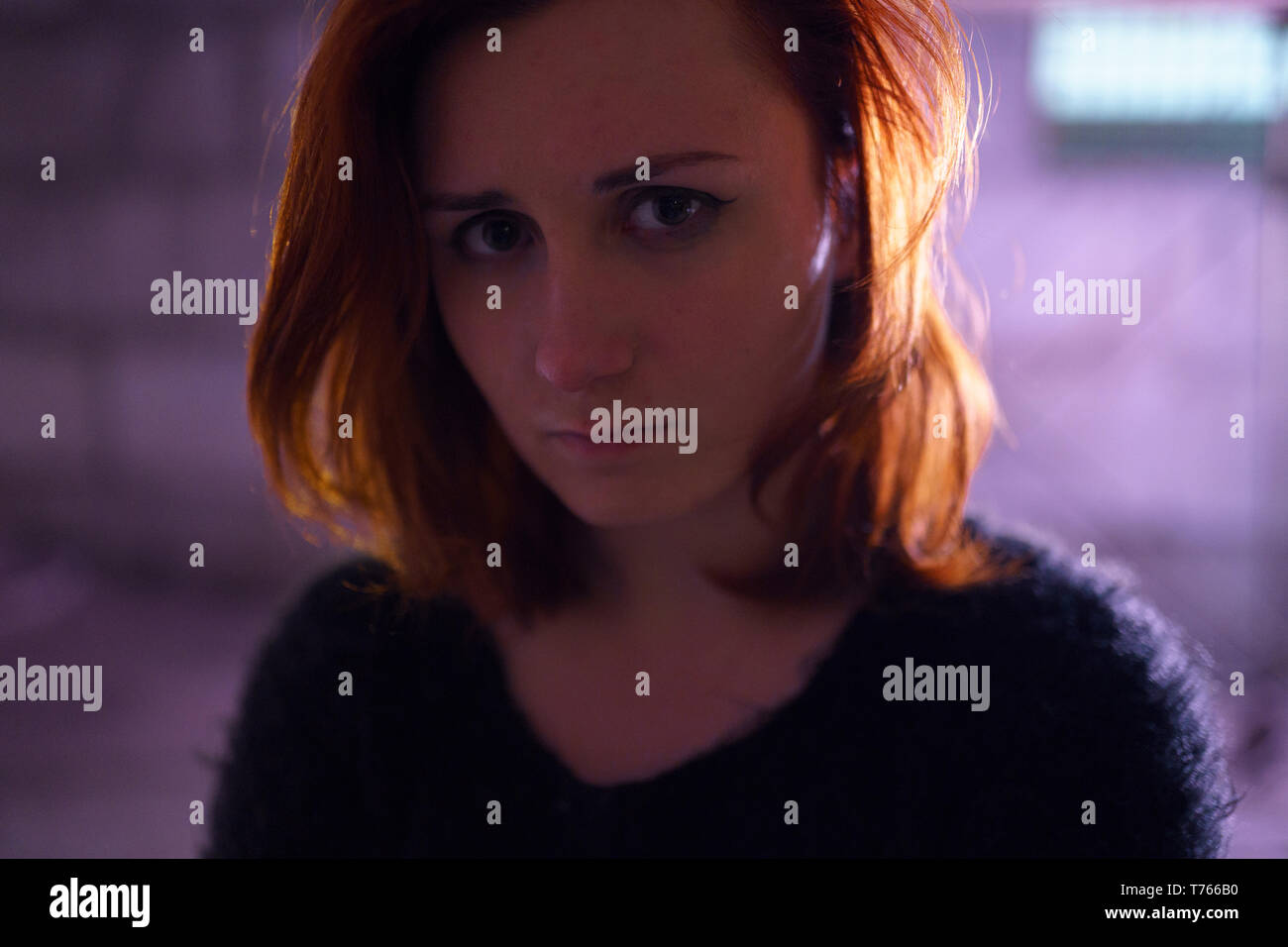 Face portrait close up of drug addiction redhead caucasian white young ...