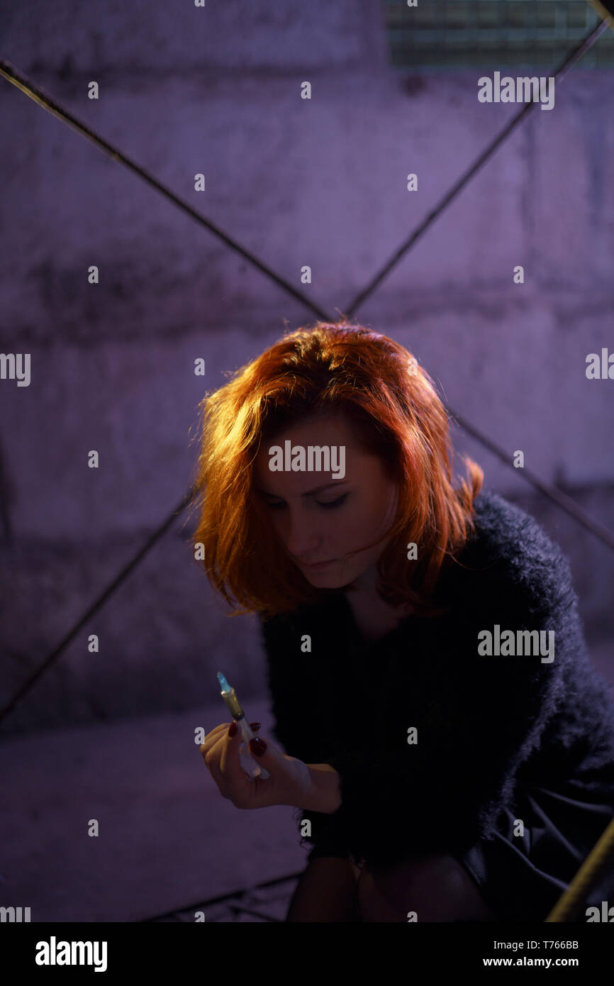 Face portrait close up of drug addiction redhead caucasian white young ...