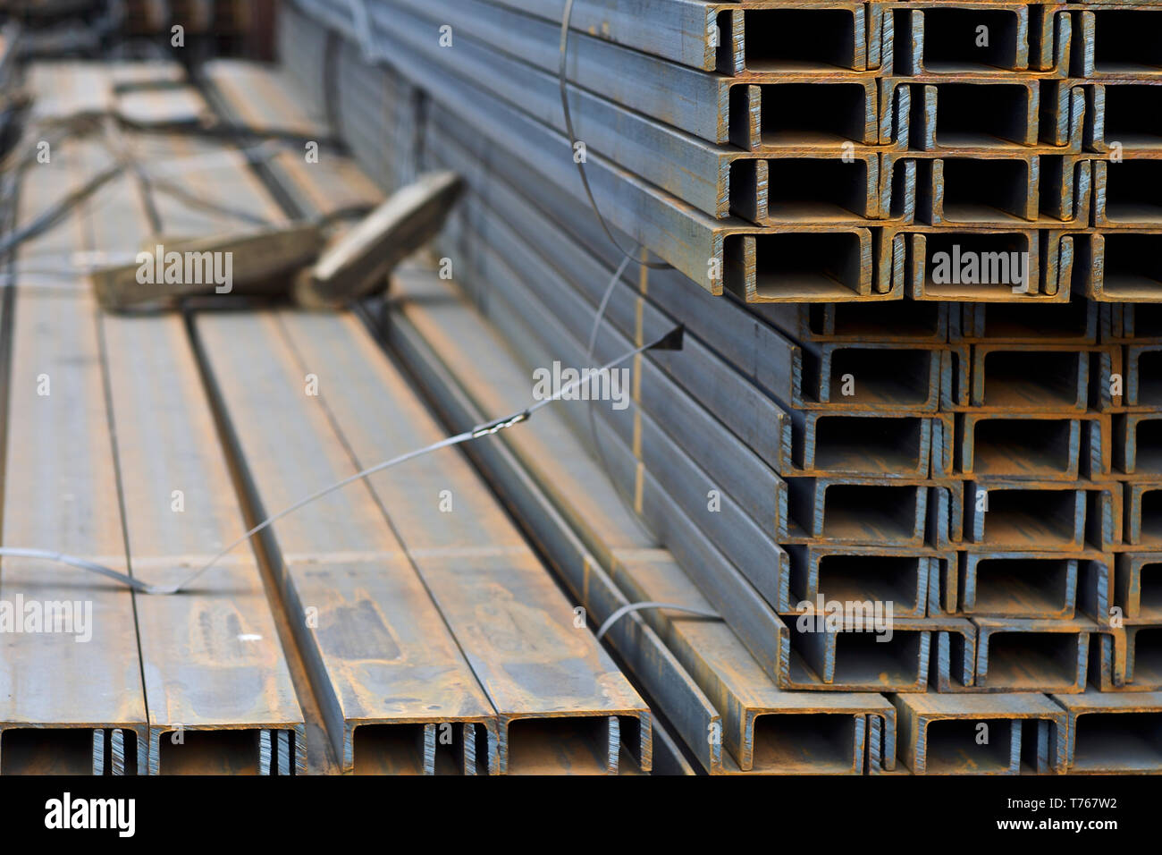 Metal profile channel in packs at the warehouse of metal products ...