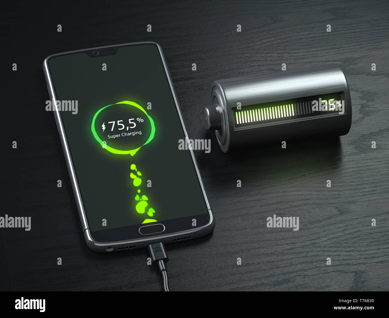 Charging of a mobile phone battery concept. Smartphone and battery ...