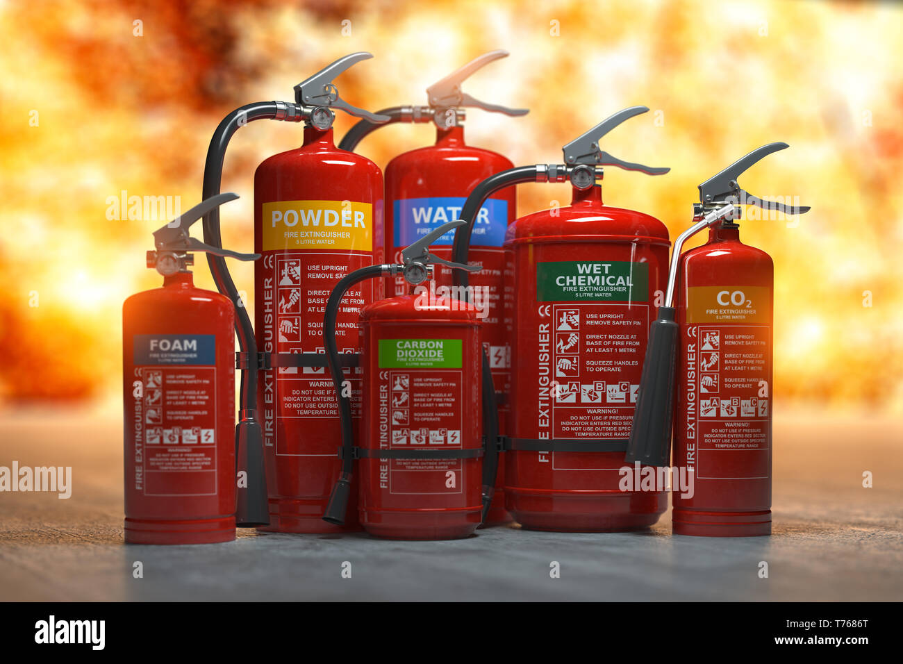 Fire extinguishers on a fire background. Various types and different ...