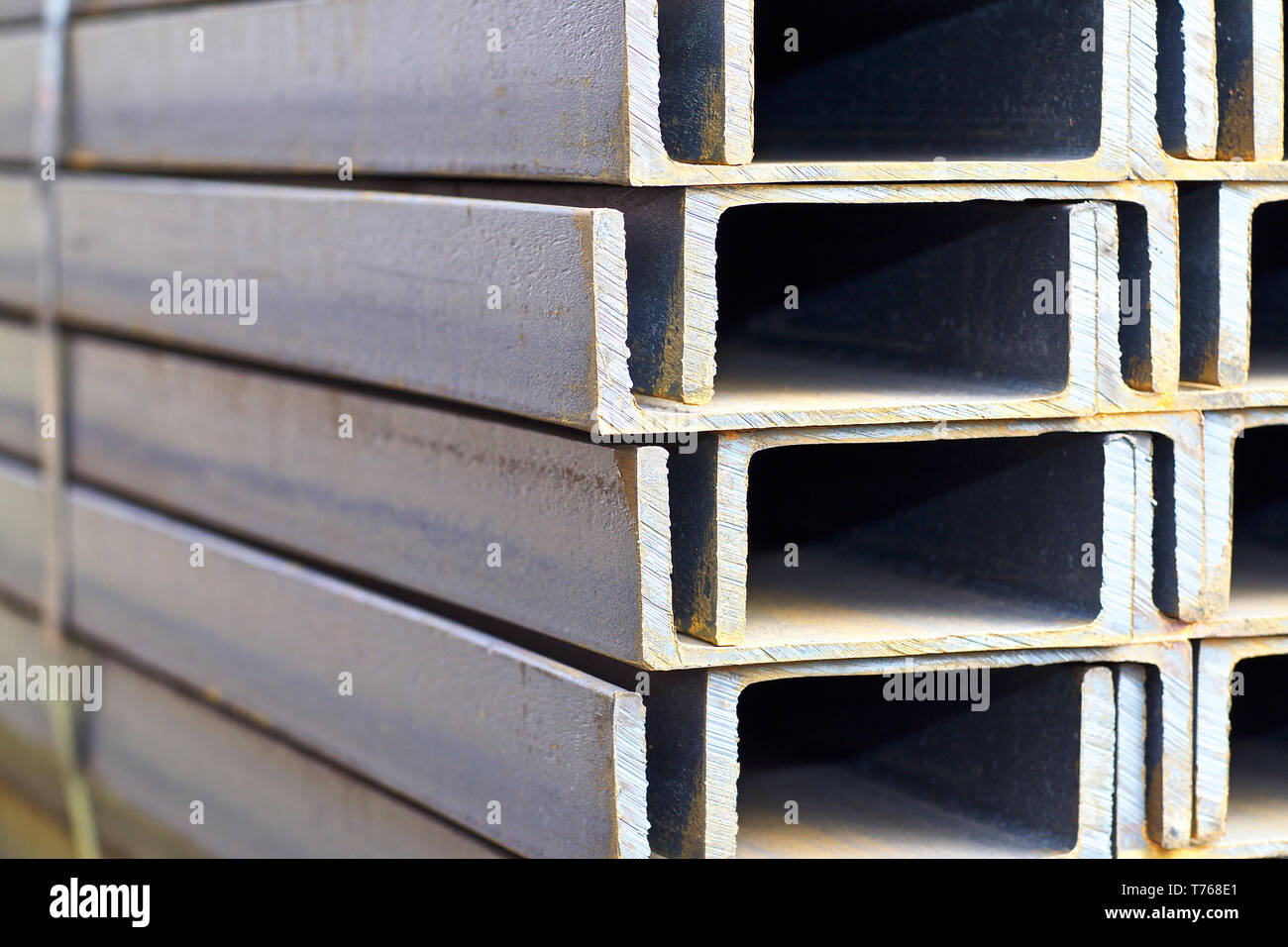 Metal profile channel in packs at the warehouse of metal products ...