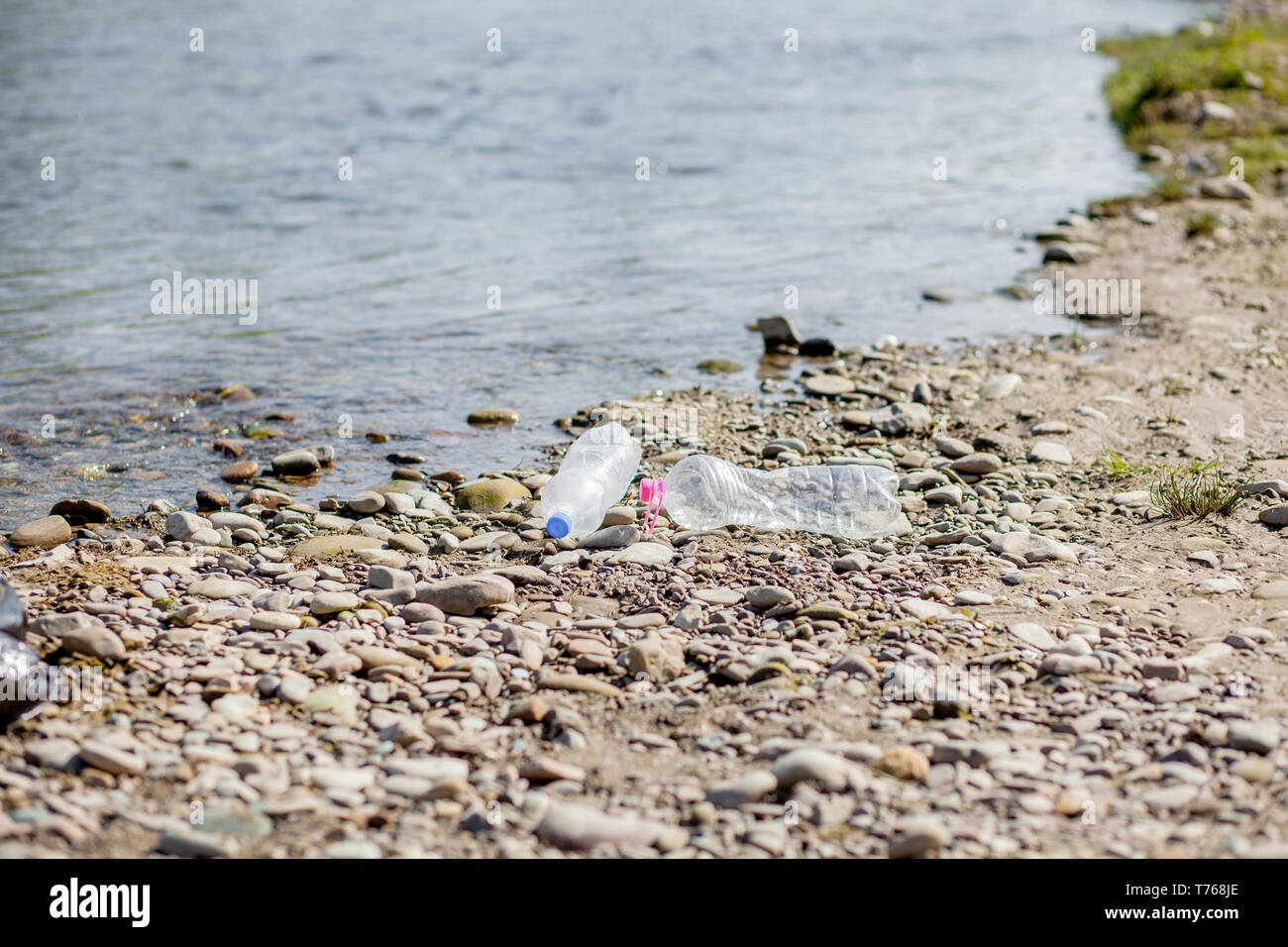 River pollution near the shore, garbage near the river, plastic food ...