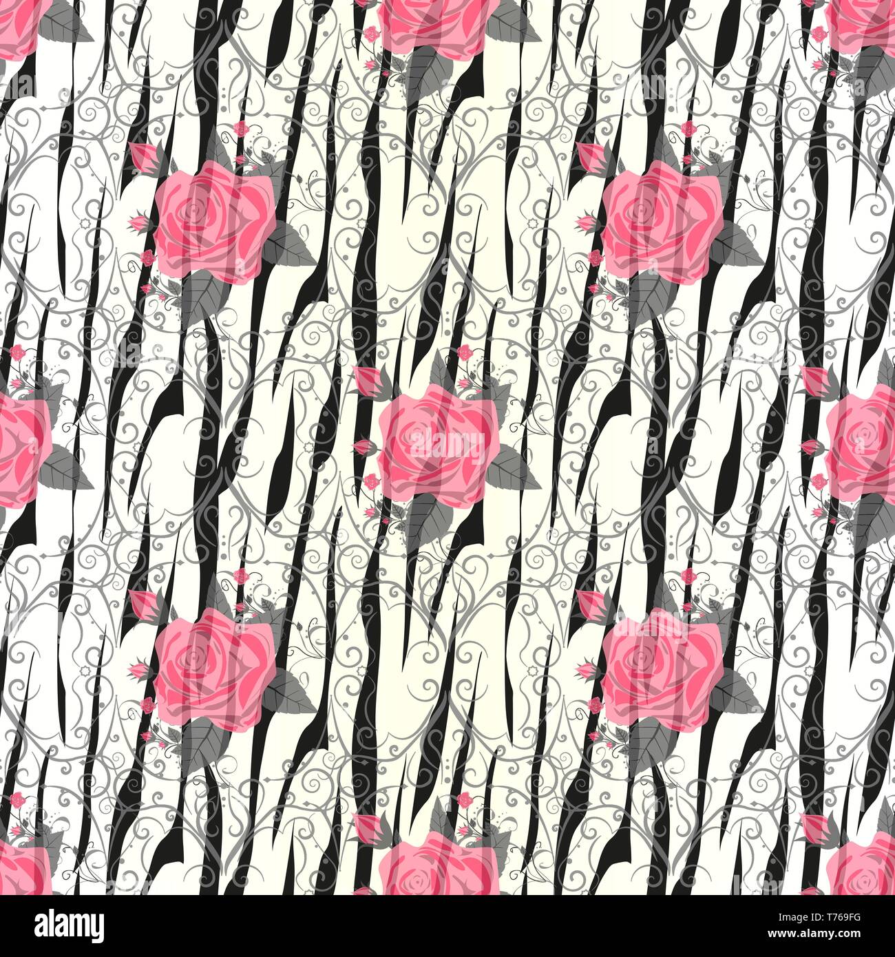Zebra Stripes with red rose Flowers Seamless Pattern. Zebra print ...