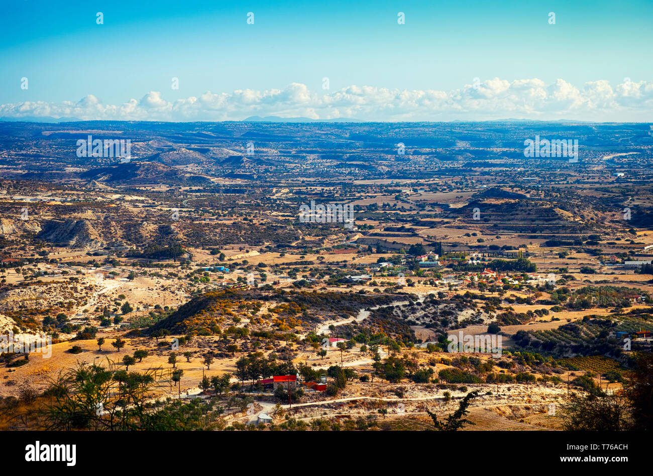 Beauty landscape with hills, mountains, trees and blue sky. High point ...